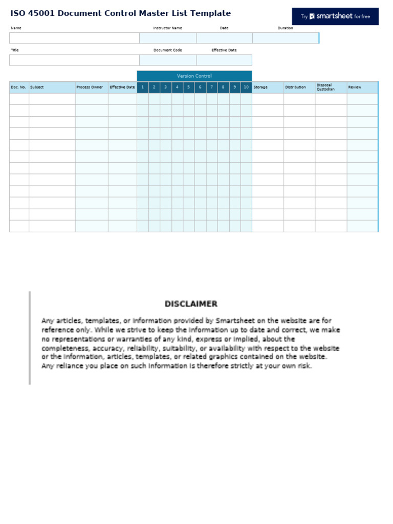 IC ISO 45001 Document Control Master List Template 12215 - WORD | PDF