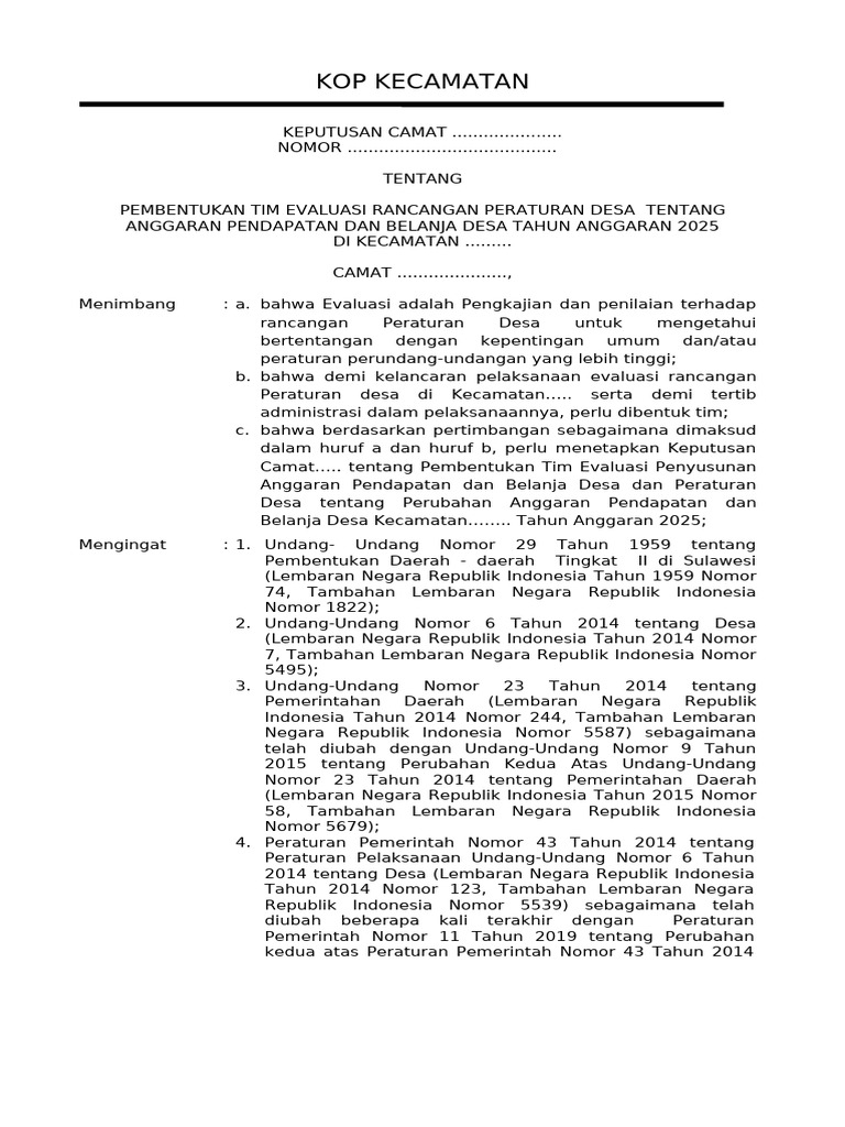 Contoh SK Tim Evaluasi Apbdes Kecamatan Fix | PDF