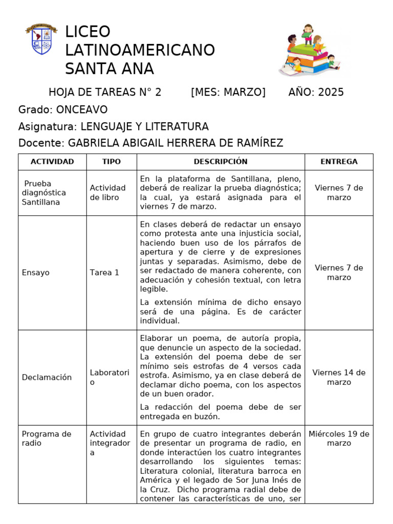 Hoja de Tareas Onceavo Marzo Bto LL 2025 | PDF