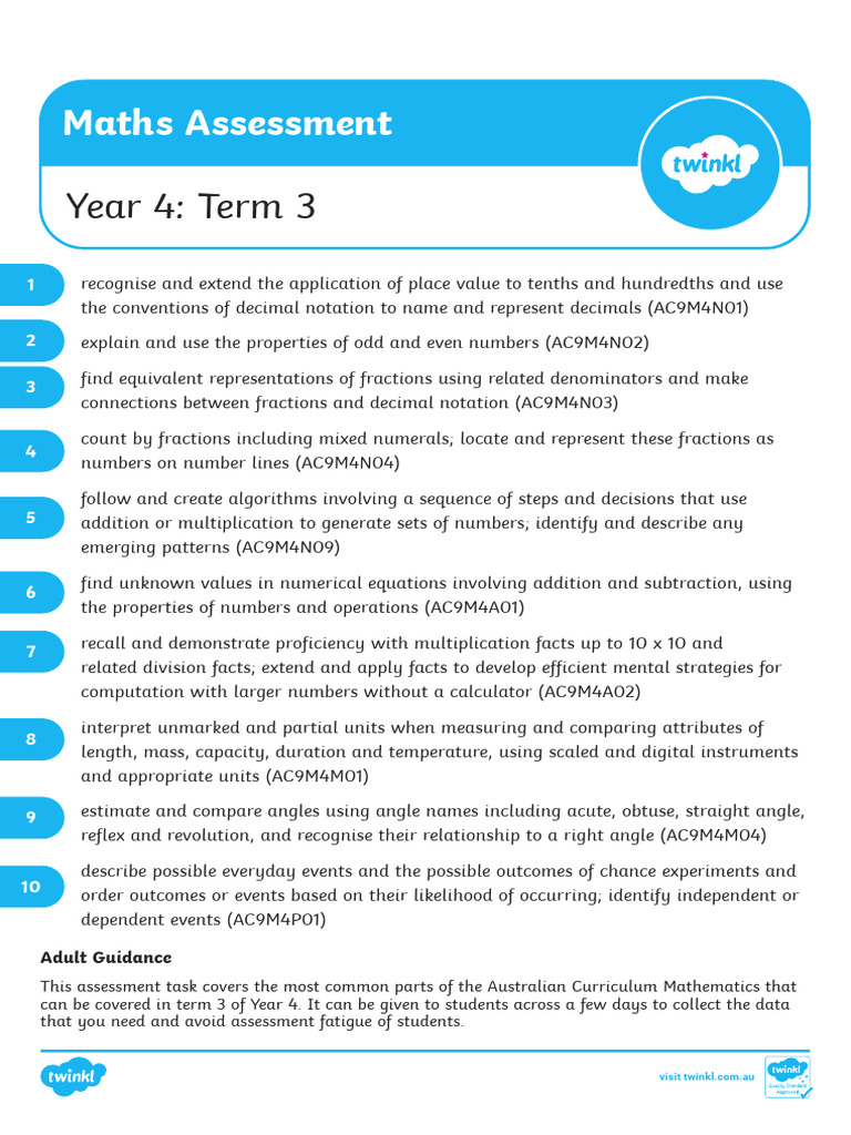 Au N 1656043583 Year 4 Term 3 Maths Assessment - Ver - 3 | PDF ...