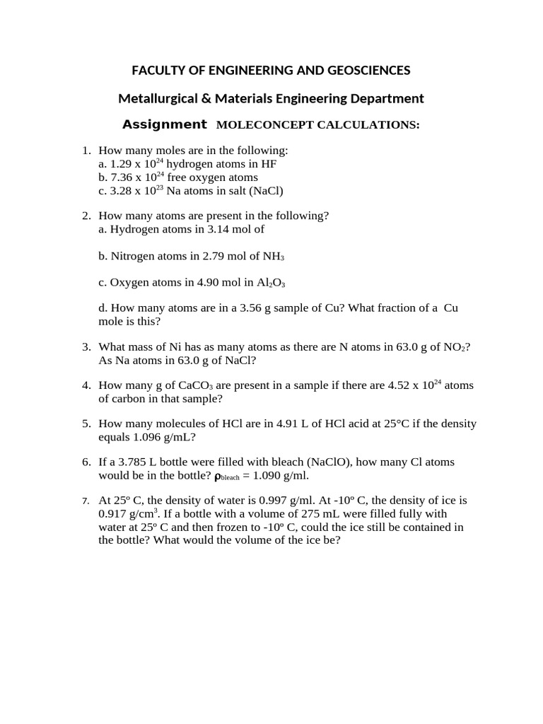 Mole Concept Calculations Classwork 22 Pdf