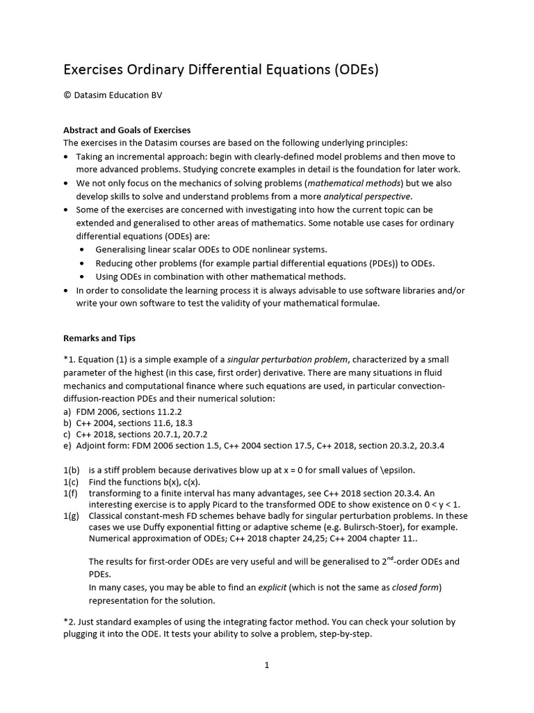 01 Exercises Ordinary Differential Equations Odes Pdf Partial Differential Equation