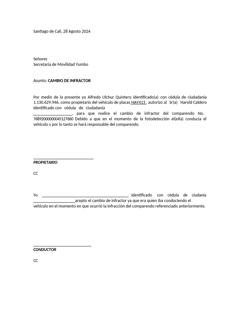 Modelo Cambio de Infractor Persona Natural | PDF