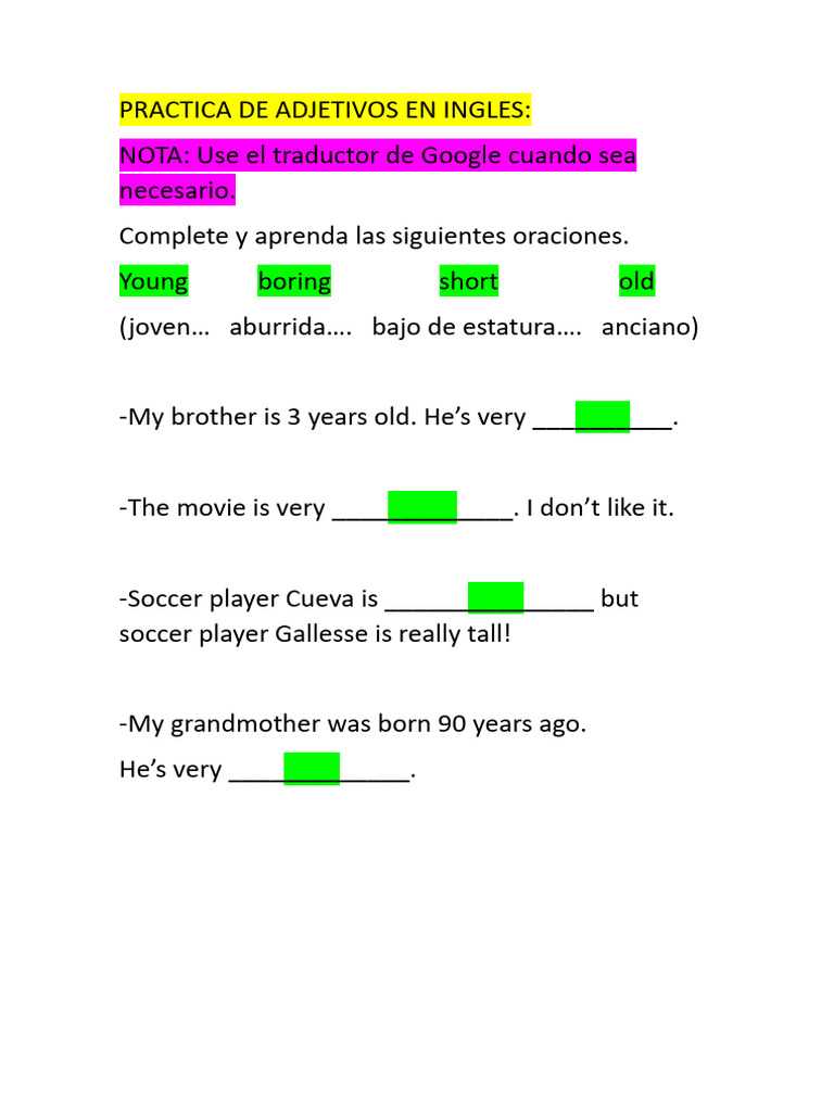 Practica de Adjetivos en Ingles | PDF