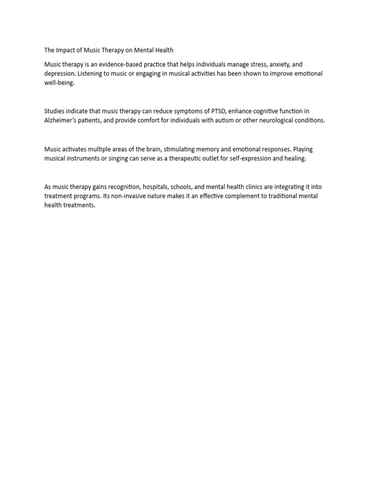 The Impact of Music Therapy On Mental Health | PDF
