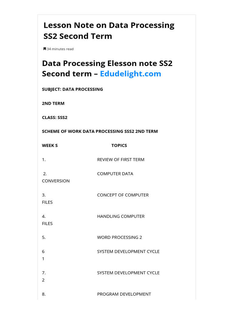 Lesson Note On Data Processing SS2 Second Term | PDF | Computer Data Storage | Computer File