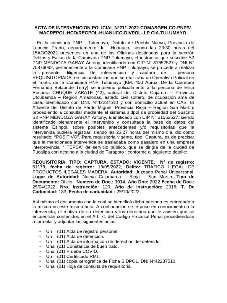 ACTA de INTERVENCION POLICIAL de CHUQUE ZARATE Elisa Rosaura Trafico ...