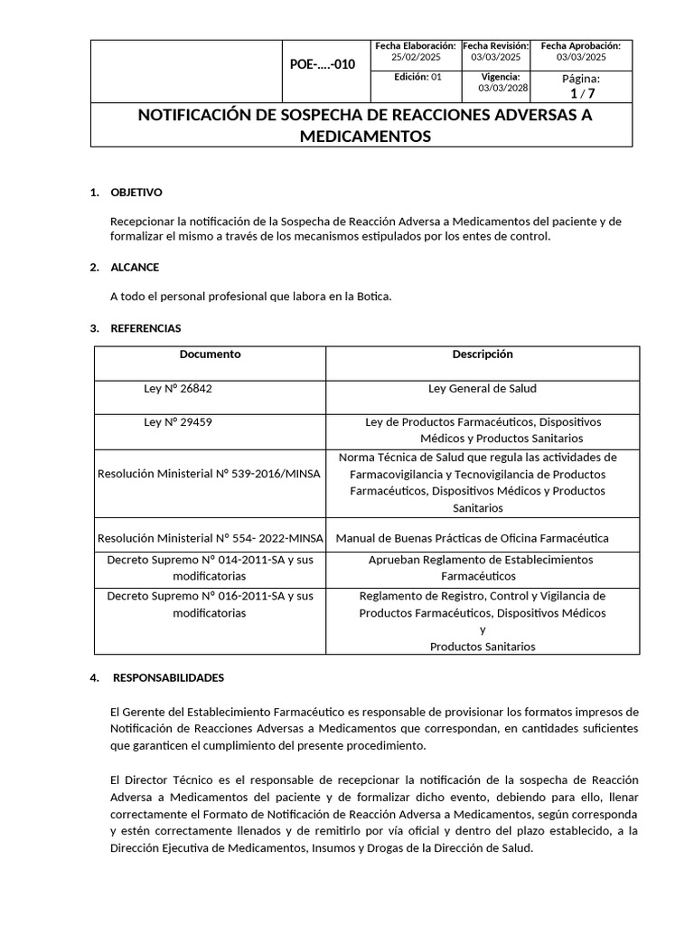 POE 10 Notificación de Sospecha de Reacción Adversa A Productos Farmacéuticos | PDF ...