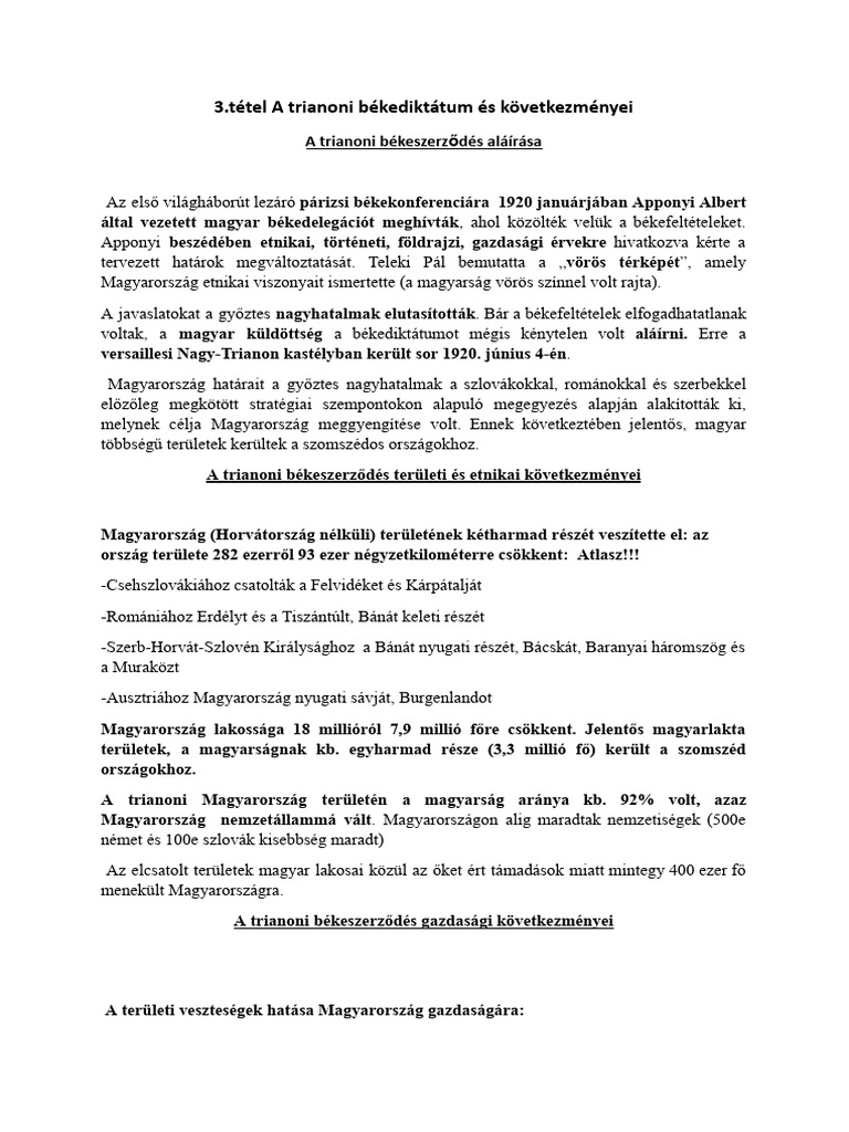 Trianoni Békediktátum És Következményei | PDF