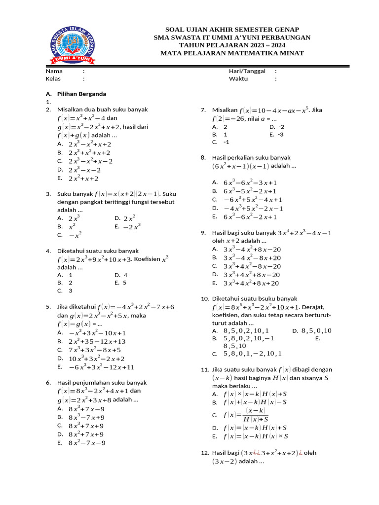 Soal Uas MTK Minat Sem Genap 23-24 | PDF