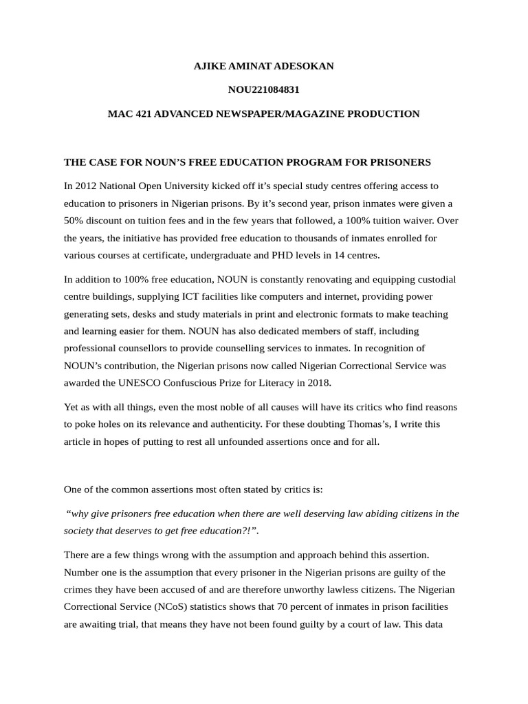 SAMPLE ARGUMENTATIVE ARTICLE ESSAY: The Case For NOUN Free Education Policy For Prisoners | PDF ...