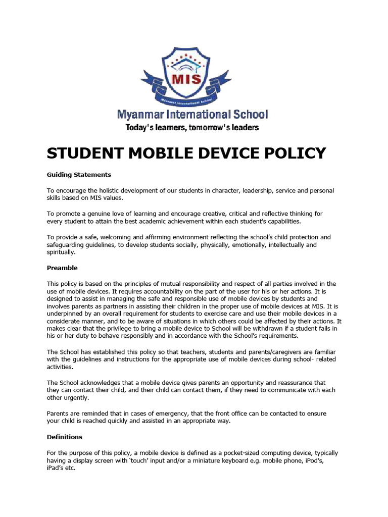 MIS-STUDENT-MOBILE-DEVICE-POLICY | PDF | Smartphone | Personal Digital Assistant