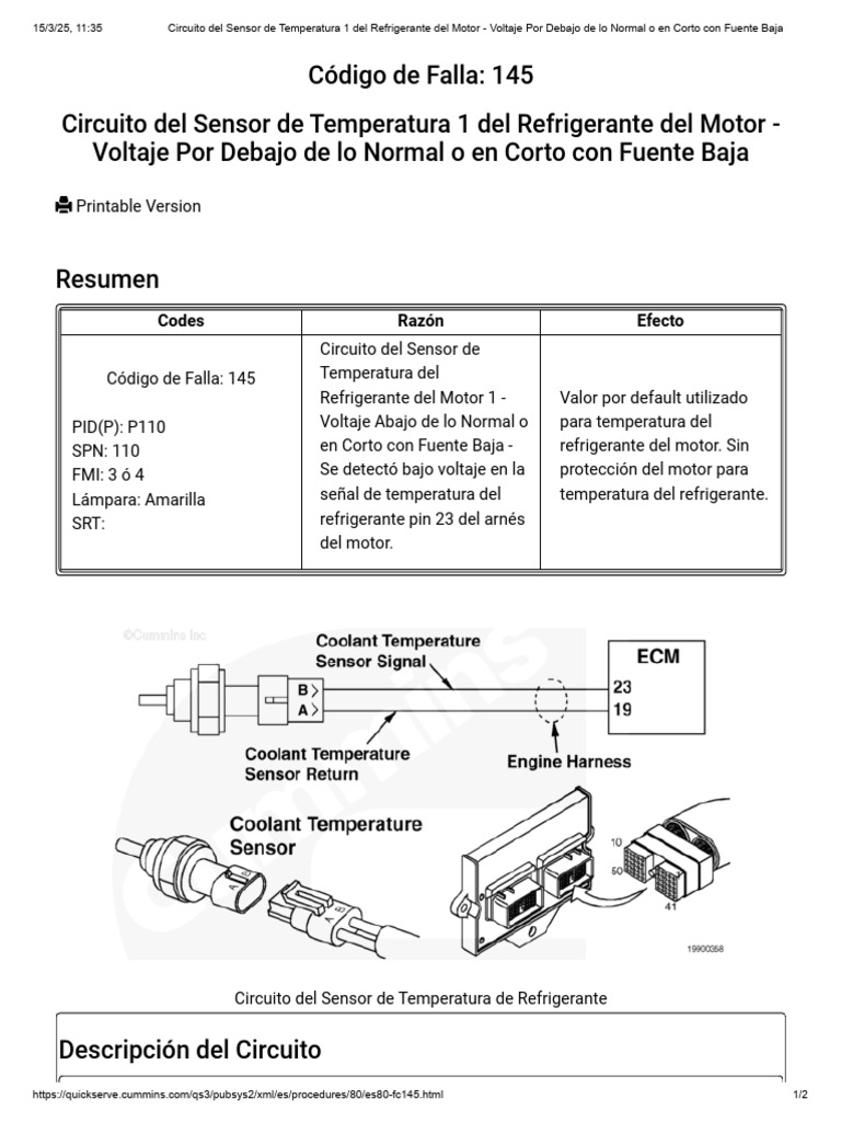 Circuito Del Sensor de Temperatura 1 Del Refrigerante Del Motor ...