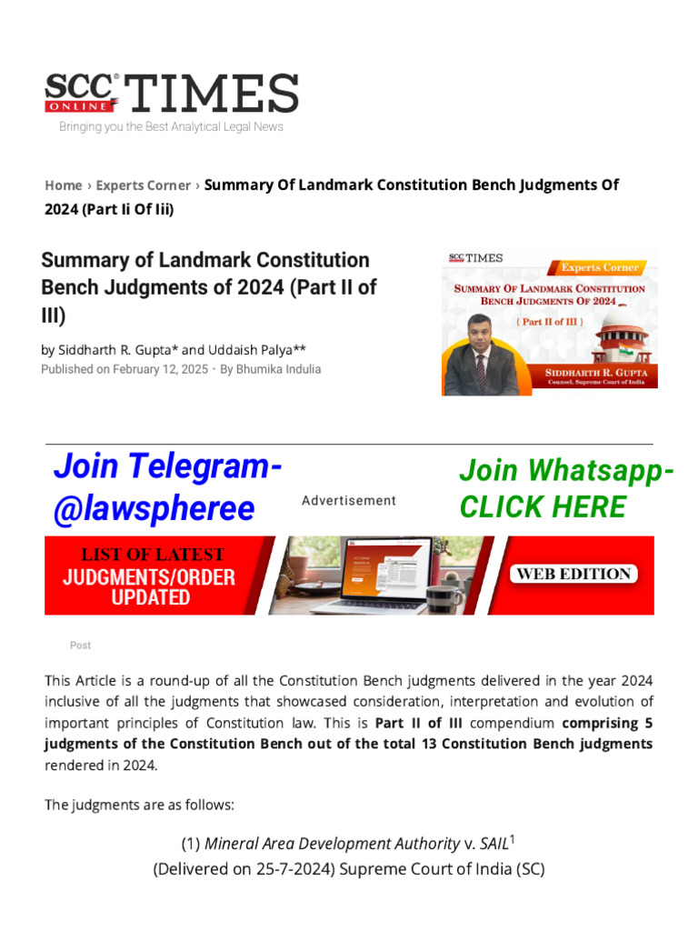 Summary of Landmark Constitution Bench Judgments of 2024 Part II | PDF ...