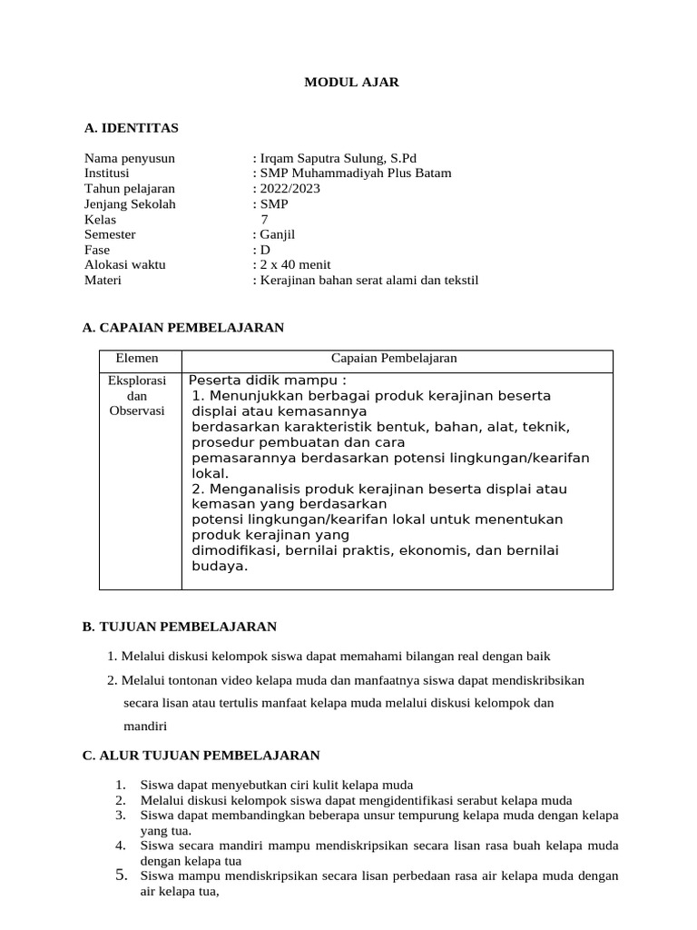 Contoh Modul Ajar Presentasi Prakarya 7 | PDF