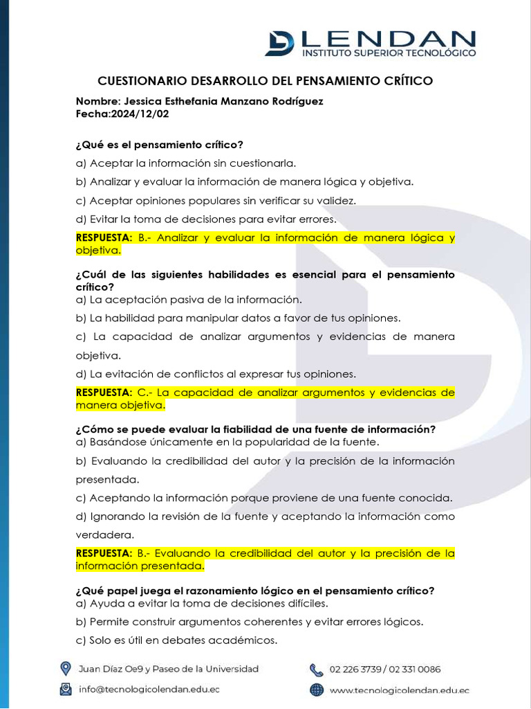 Cuestionario Resuelto de Desarrollo de Pensamiento Crítico | PDF | Pensamiento crítico | Pensamiento