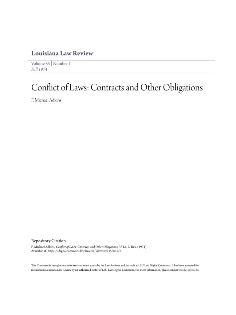 Conflict of Laws in Louisiana Contracts | PDF | Choice Of Law | Justice