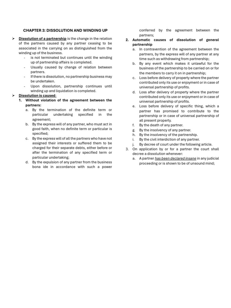 Partnership Chapter 3 DISSOLUTION AND WINDING UP (Part 1) | PDF | Liquidation | Civil Law (Legal ...