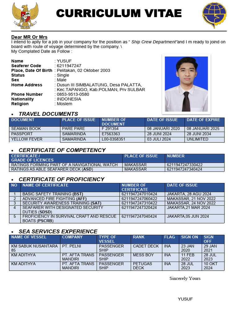 Curriculum Vitae Yusuf Word | PDF | Watercraft | Ships
