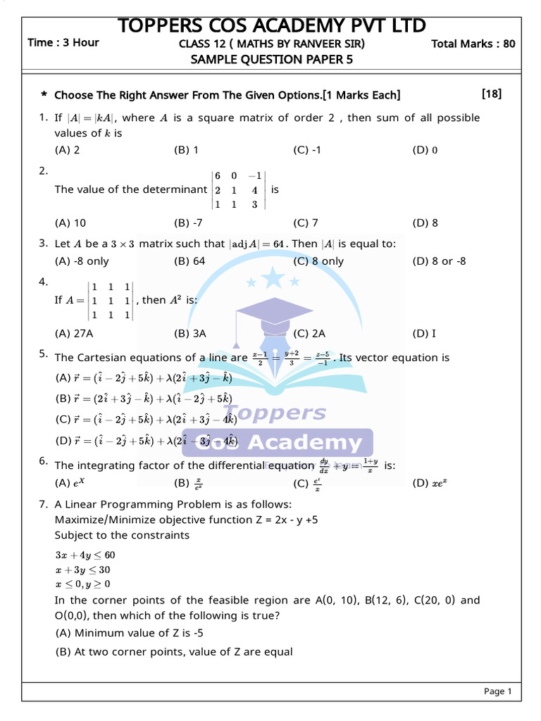 SQP 5 MATHS 12 | PDF | Linear Algebra | Geometry