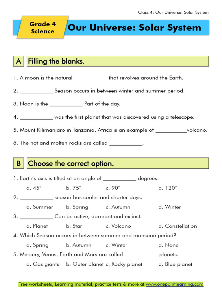 Grade 4 Solar System Worksheet | PDF | Solar System | Planets