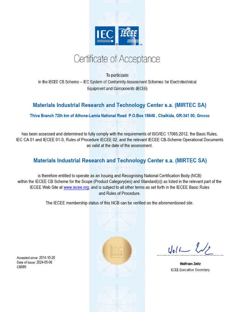 NCB - Certificate - Materials Industrial Research and Technology Center S.A. (MIRTEC SA) | PDF