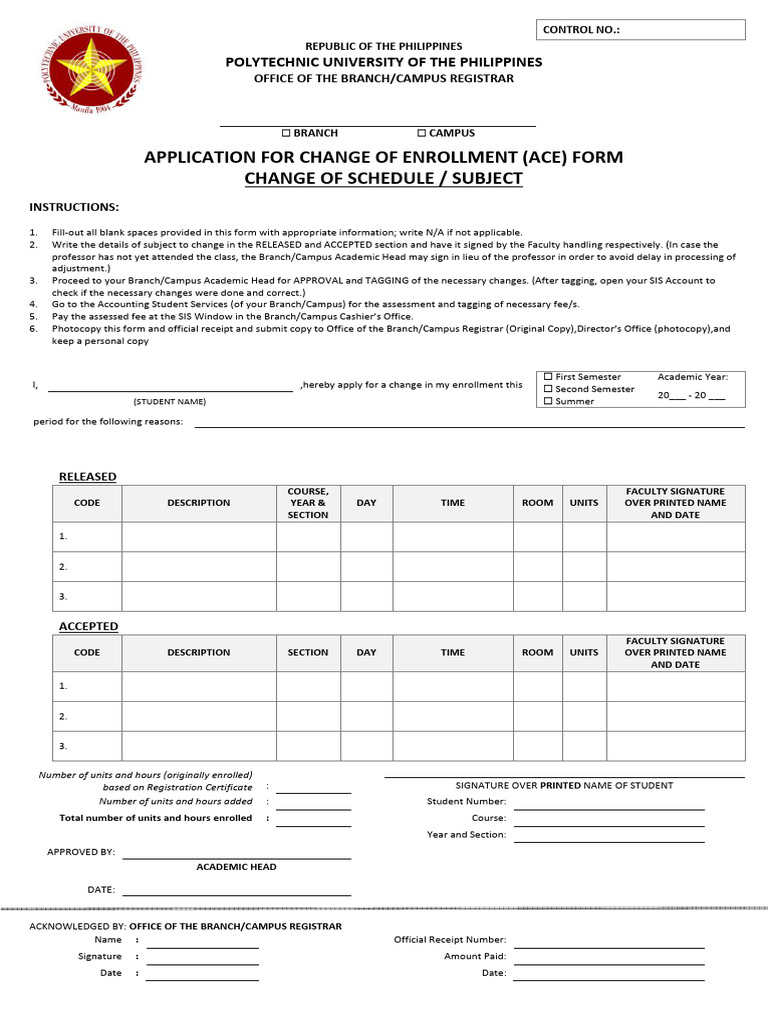 ACE 2013 Change of Enrollment Form | PDF