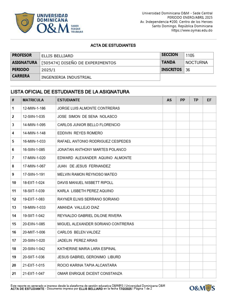 Oymas - Acta - Estudiantes - RPT Diseño de Experimento C1 2025 1105 | PDF