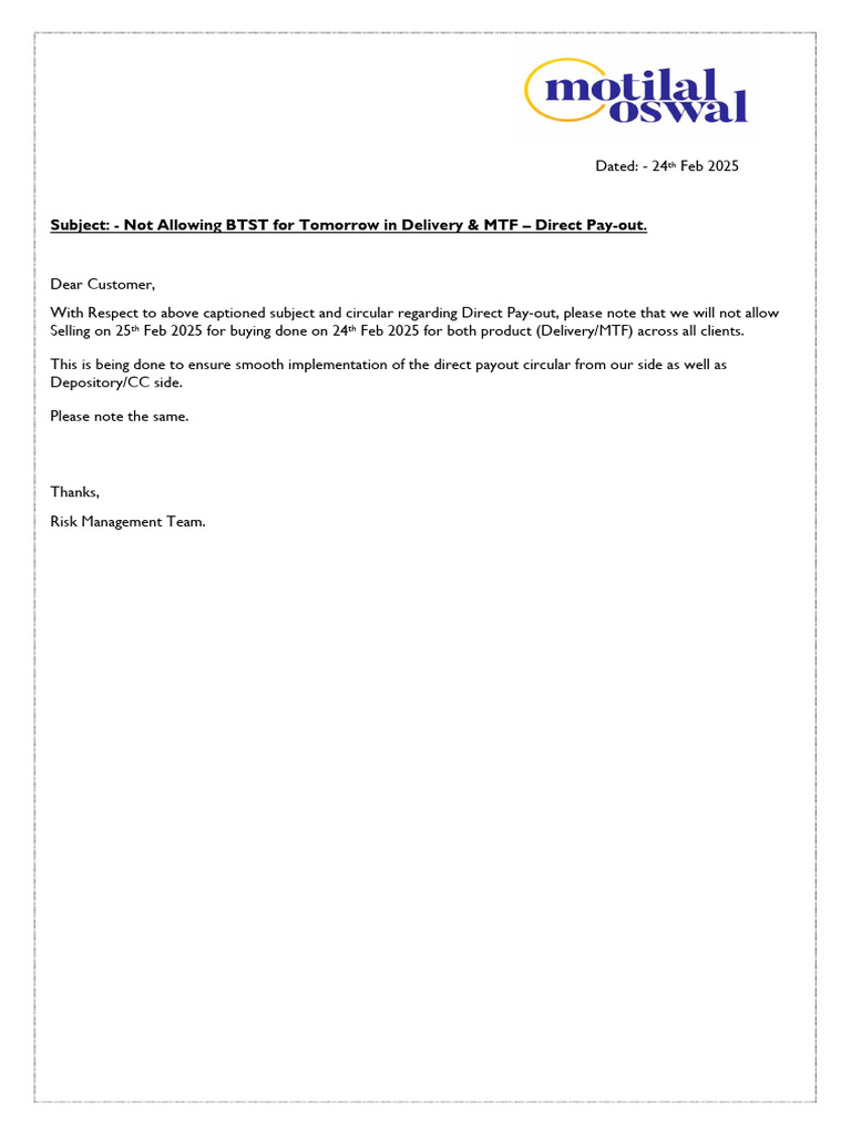 Risk Alert - Not Allowing BTST For Tommorow in Delivery MTF | PDF