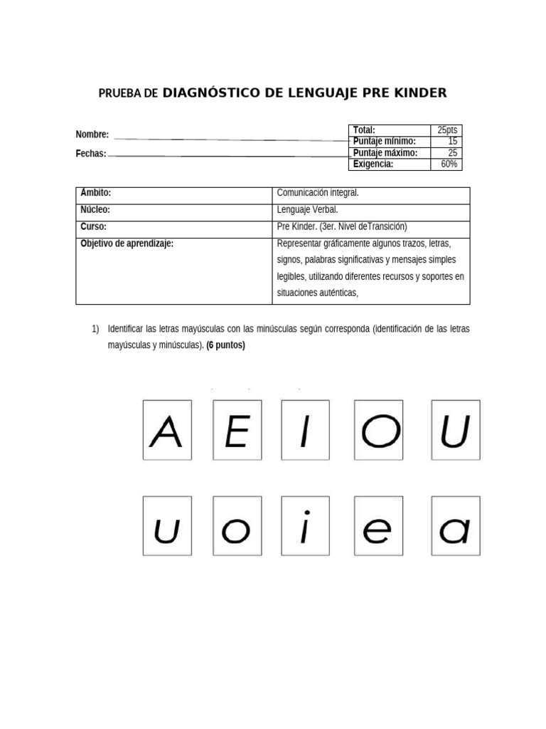 Prueba de Diagnóstico de Lenguaje de Pre Kinder | PDF | Vocal | Lingüística