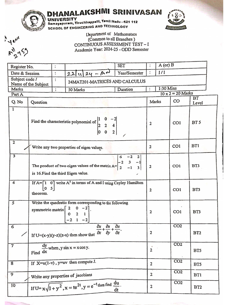 CAT 1 Trichy Question Paper | PDF