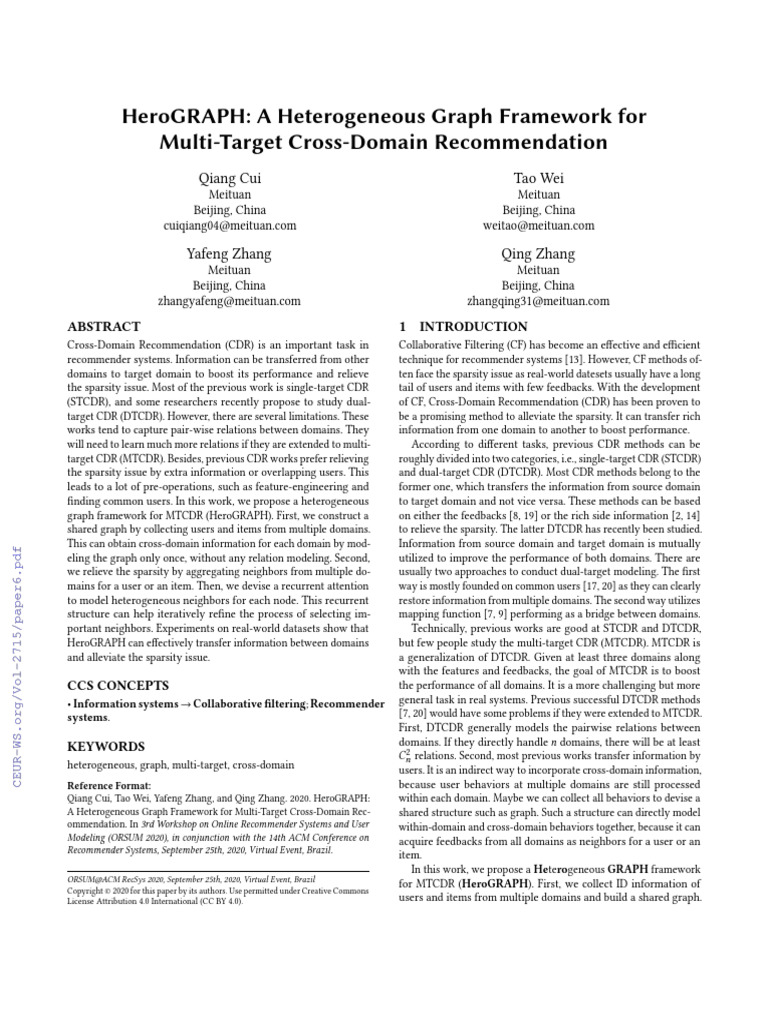 HeroGRAPH - A Heterogeneous Graph Framework For Multitarget Cross-Domain Recommendation | PDF ...
