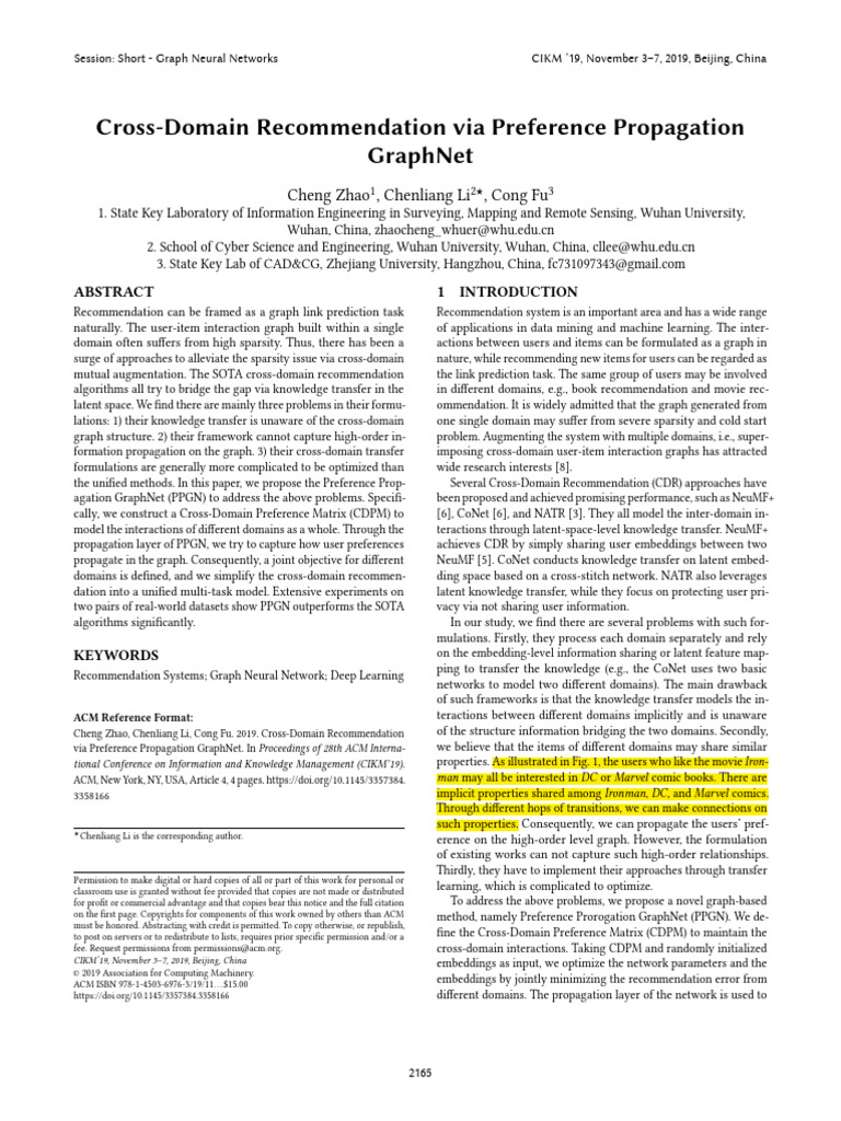 Cross-Domain Recommendation Via Preference Propagation GraphNet | PDF | Applied Mathematics