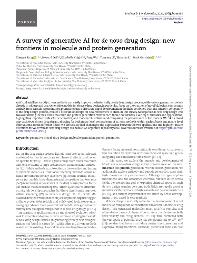 A survey of generative AI for de novo drug design - new | PDF | Drug Design | Proteins