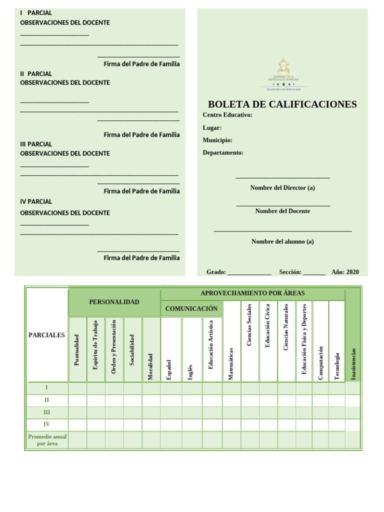 Formato de Boleta de Calificaciones 2024 | PDF
