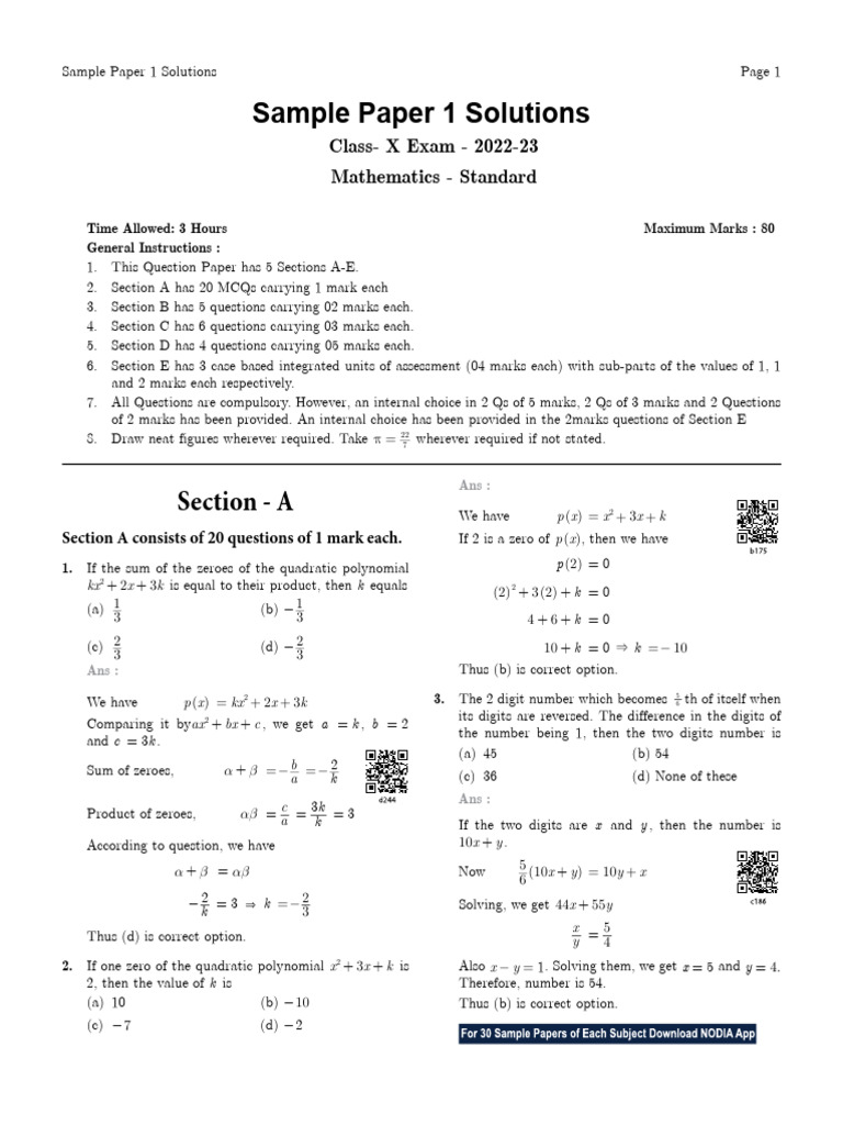 Class X Mathematics Sample Paper Solutions | PDF | Zero Of A Function ...