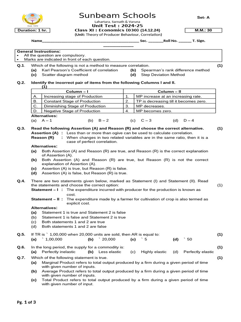 Class XI Economics Unit Test 2024-25 | PDF | Supply (Economics ...