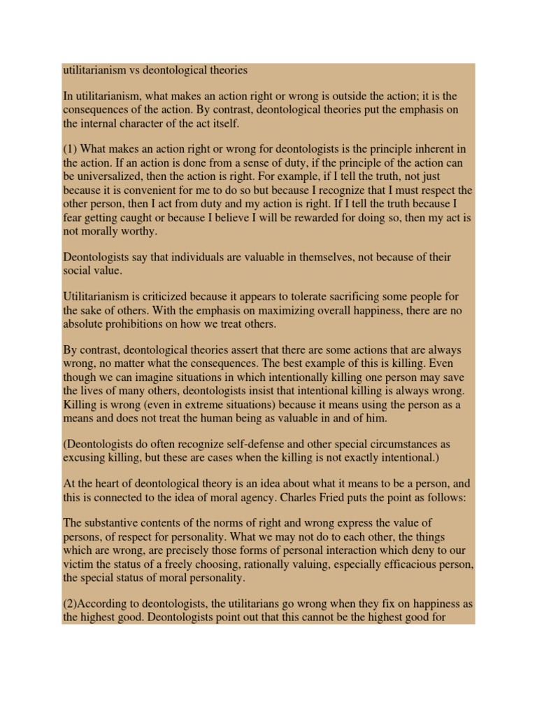 Utilitarianism Vs Deontological Theories | PDF | Utilitarianism | Morality