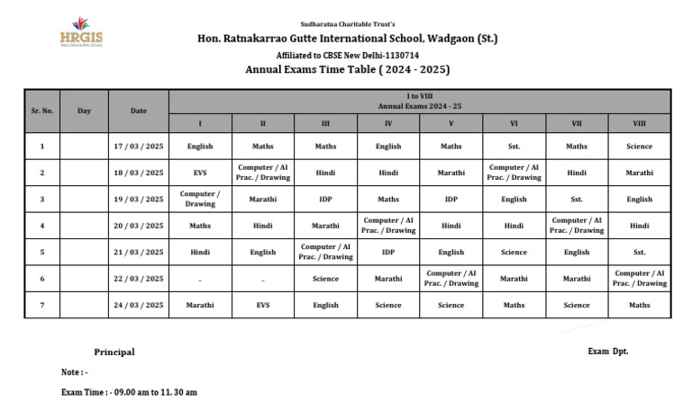 Annual Exams Time TableI 1 To 8 | PDF