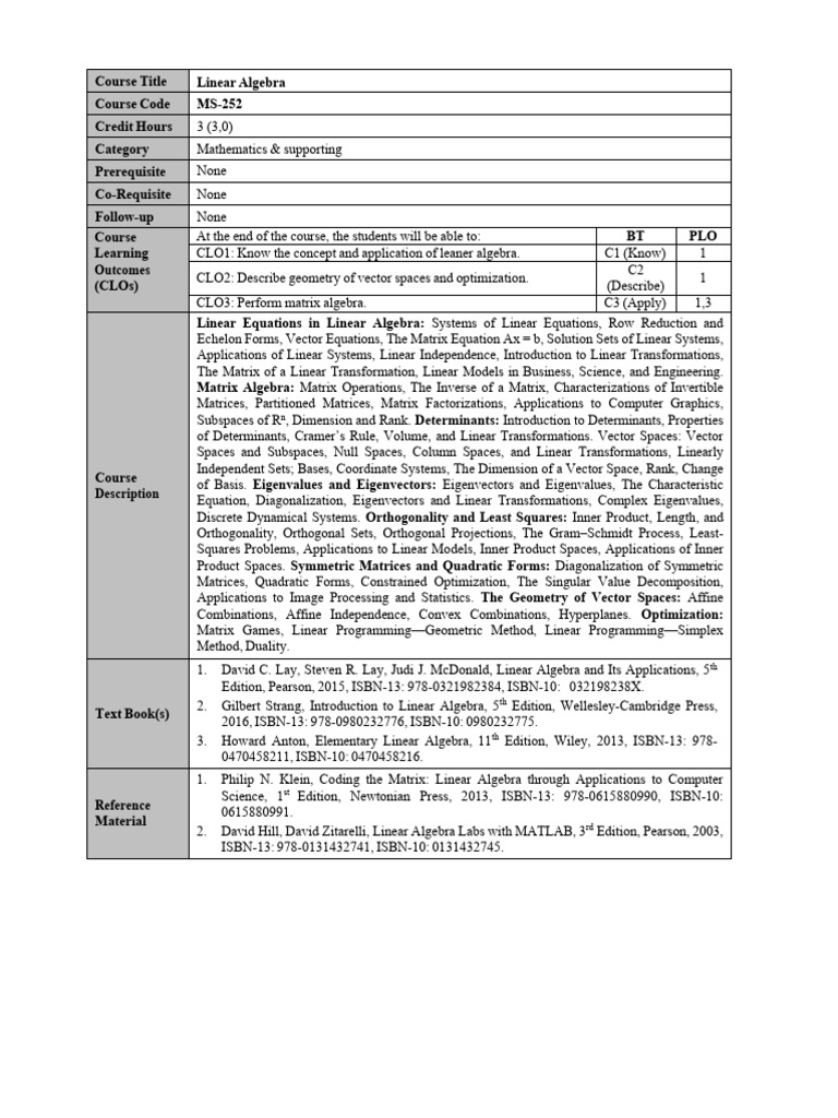 Linear Algebra Course Overview and Outcomes | PDF | Matrix (Mathematics ...