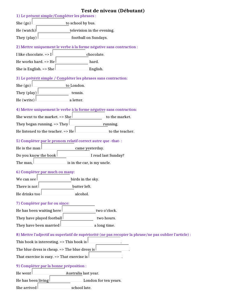 Test de Niveau (Débutant) | PDF