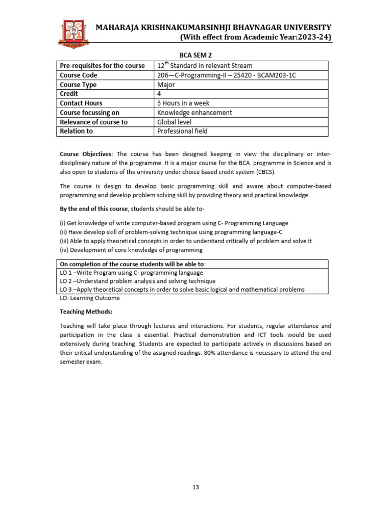 BCA - Sem - 2 Major4 - 25420 - C Programming - Theory 2023-24 (1) | PDF | Pointer (Computer ...