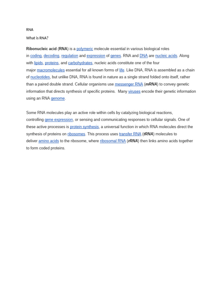 Understanding RNA: Functions and Roles | PDF