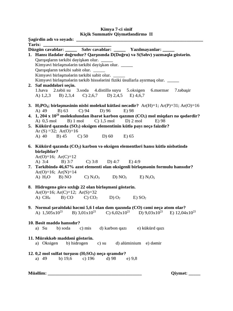 Kimya 7 Sinif KSQ 2 | PDF