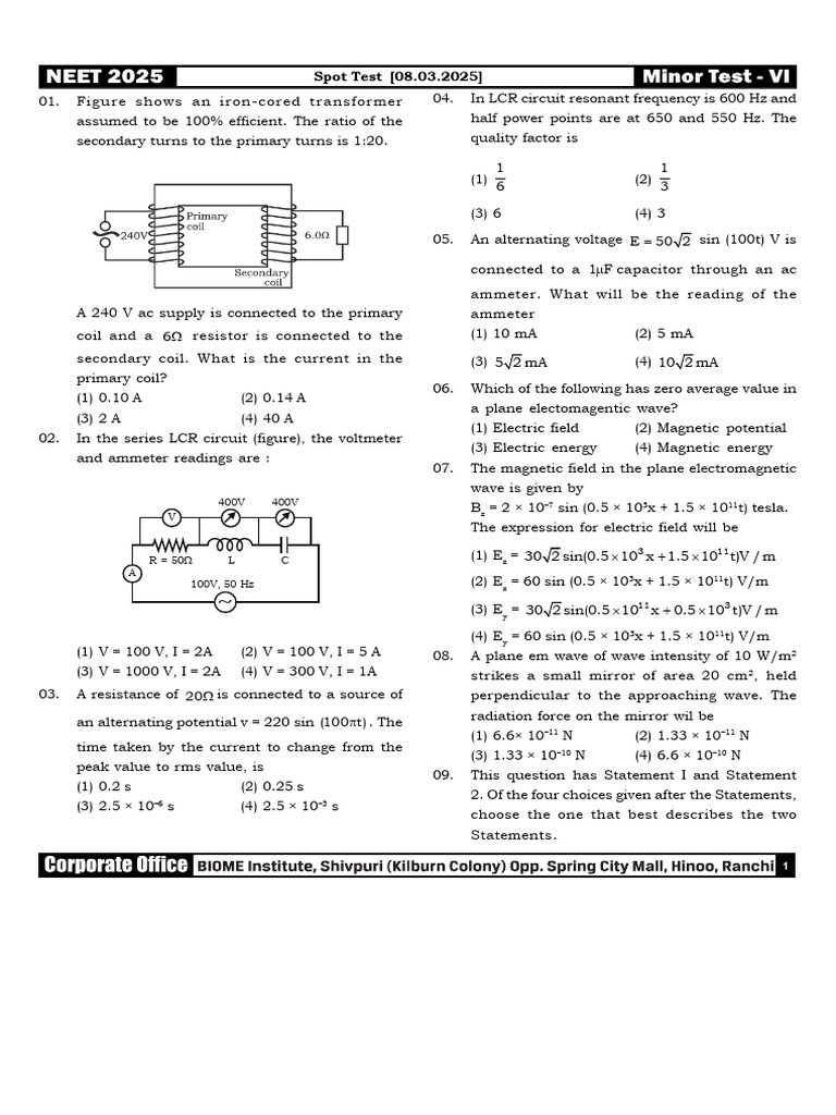 Minor Test - VI - Final Print | PDF | Inductor | Transformer