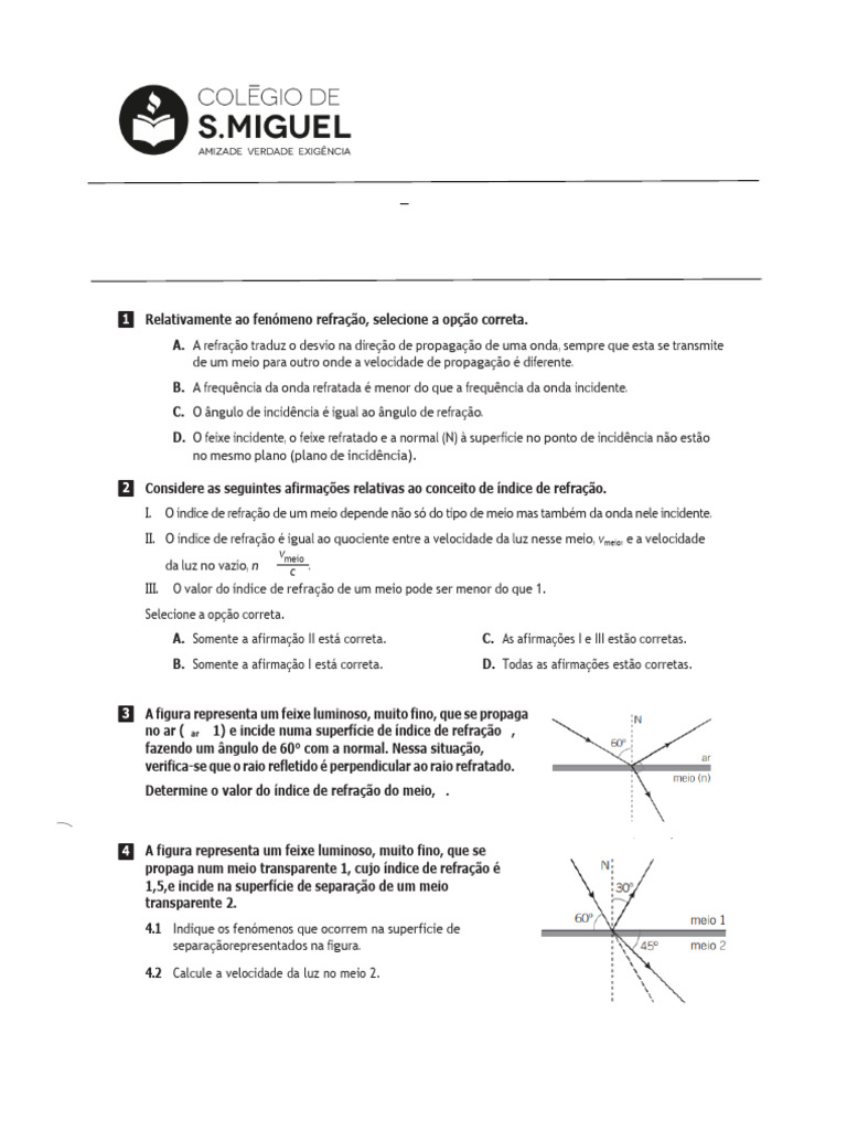 Ficha - Trabalho - Refração e Reflexão Total | PDF | Refração | Fibra ótica