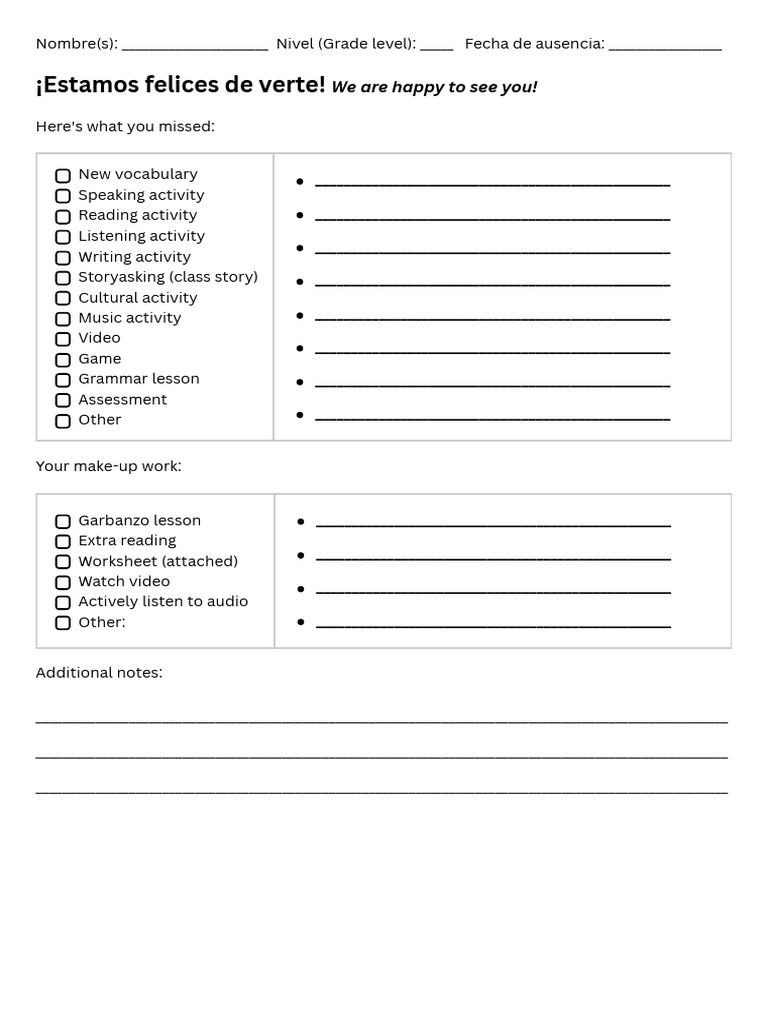 Absent Work Slip Spanish Class | PDF