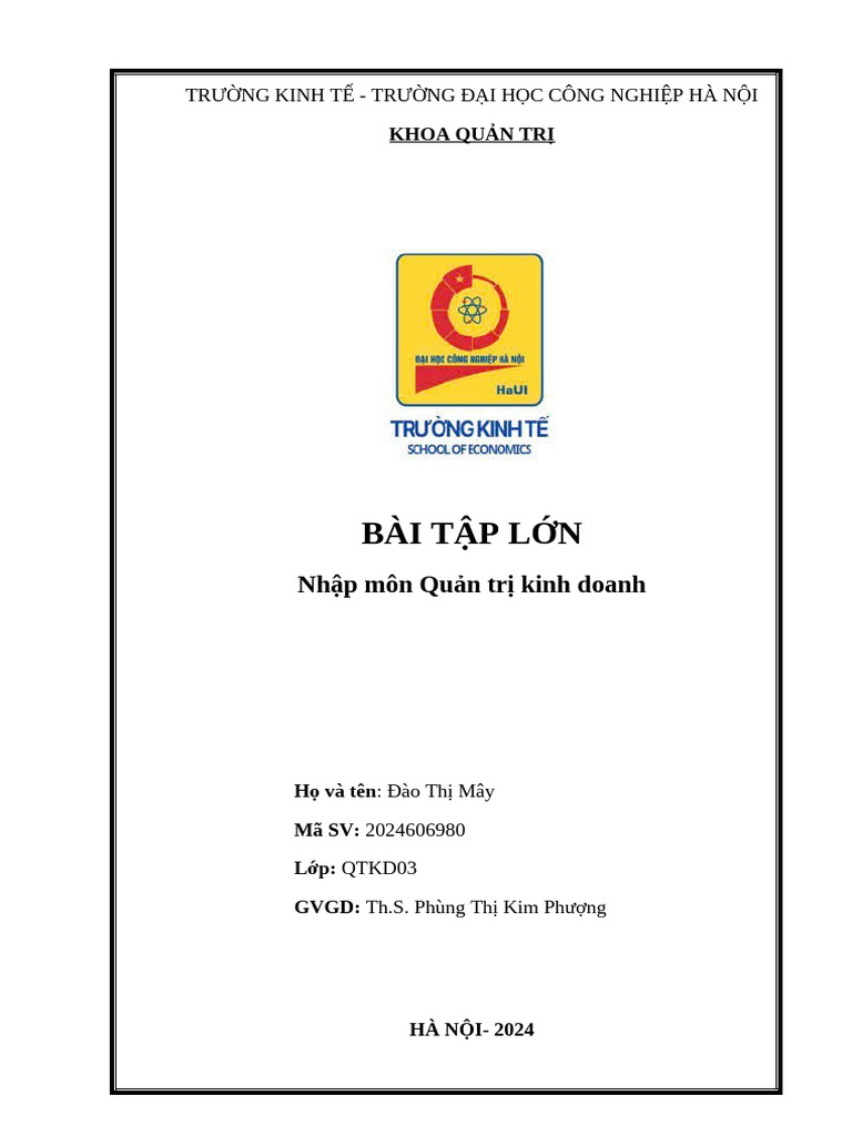 Bìa và nội dung yêu cầu BTL Nhập môn QTKD | PDF