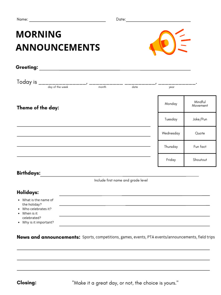 Morning Announcements Scripts For Middle School | PDF