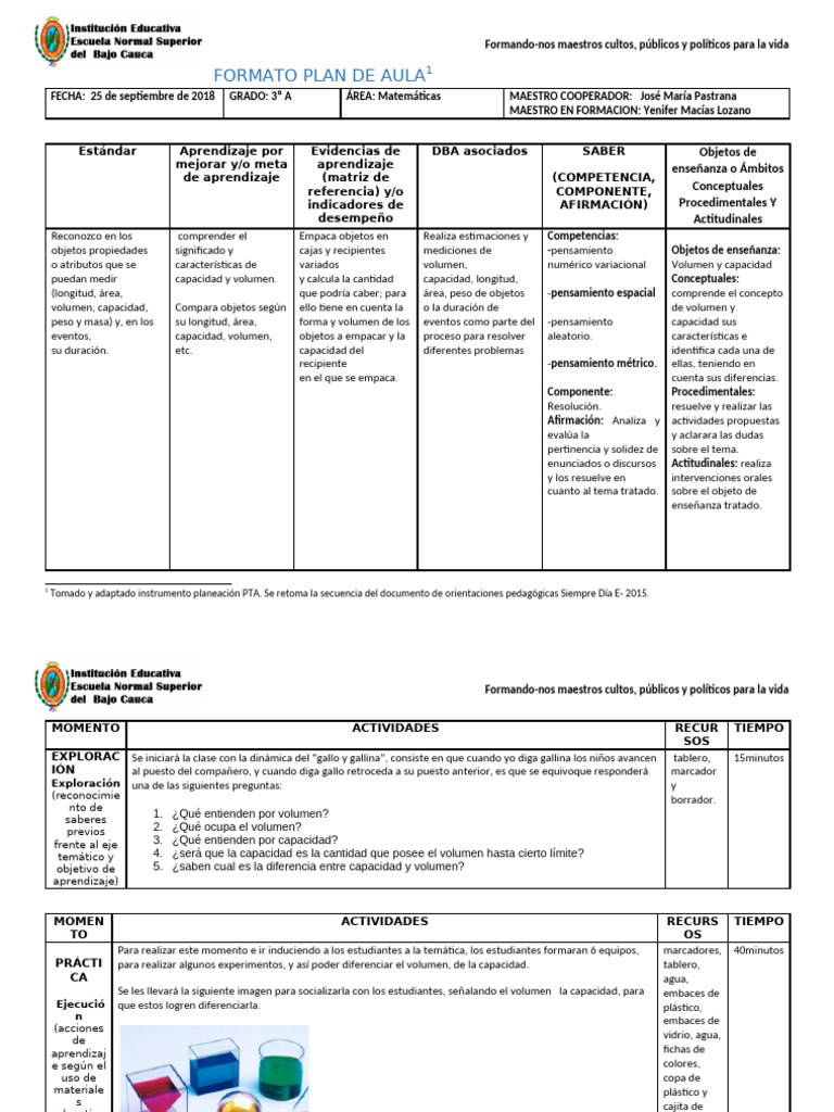 Plan de Aula: Volumen y Capacidad en 3º A | PDF | Volumen | Aprendizaje